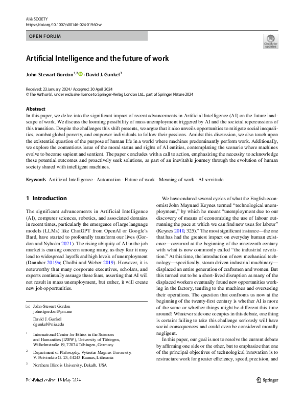 (PDF) Artificial Intelligence and the future of work