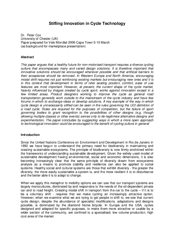 (PDF) Stifling Innovation in Cycle Technology