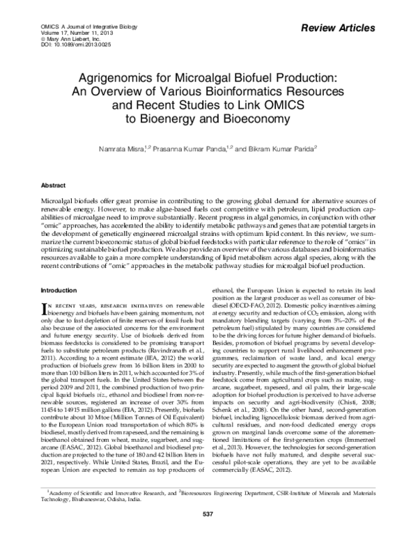 (PDF) Agrigenomics for Microalgal Biofuel Production: An Overview of ...