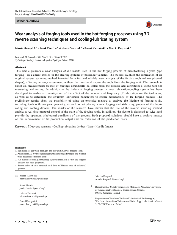 (PDF) Wear analysis of forging tools used in the hot forging processes using 3D reverse scanning ...