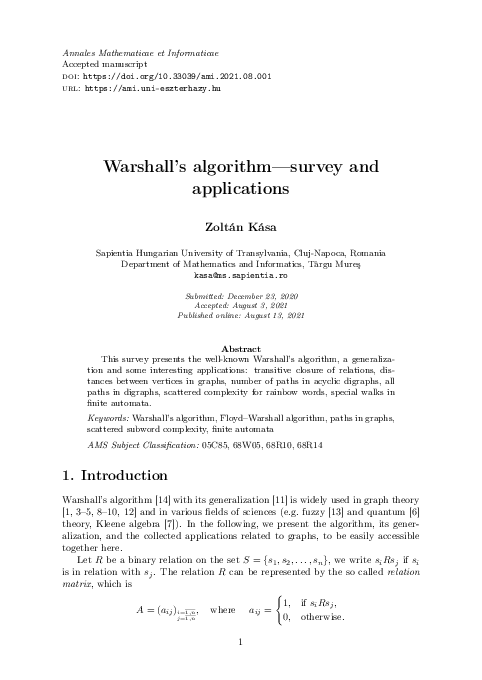 (PDF) Warshall’s algorithm—survey and applications