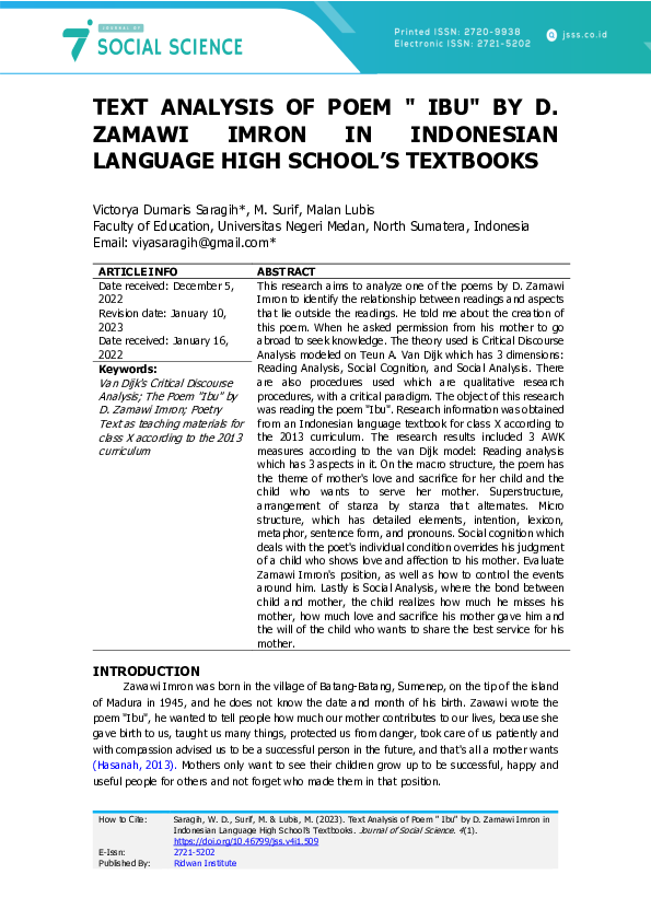 (PDF) Text Analysis of Poem " Ibu" by D. Zamawi Imron in Indonesian ...