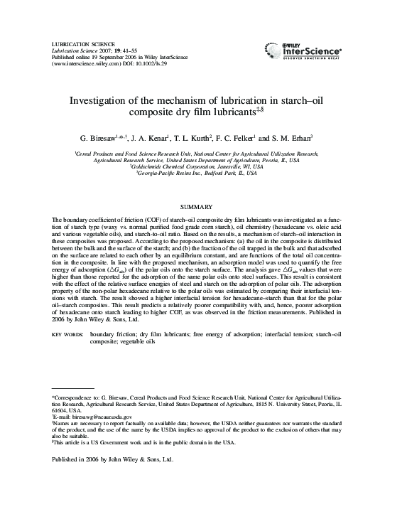 (PDF) Investigation of the mechanism of lubrication in starch–oil ...