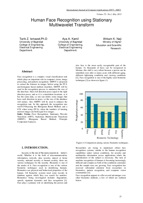 (PDF) Human Face Recognition using Stationary Multiwavelet Transform