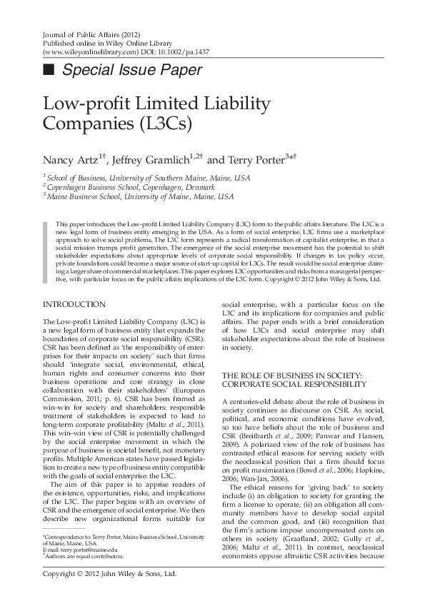 (PDF) Low‐profit Limited Liability Companies (L3Cs)