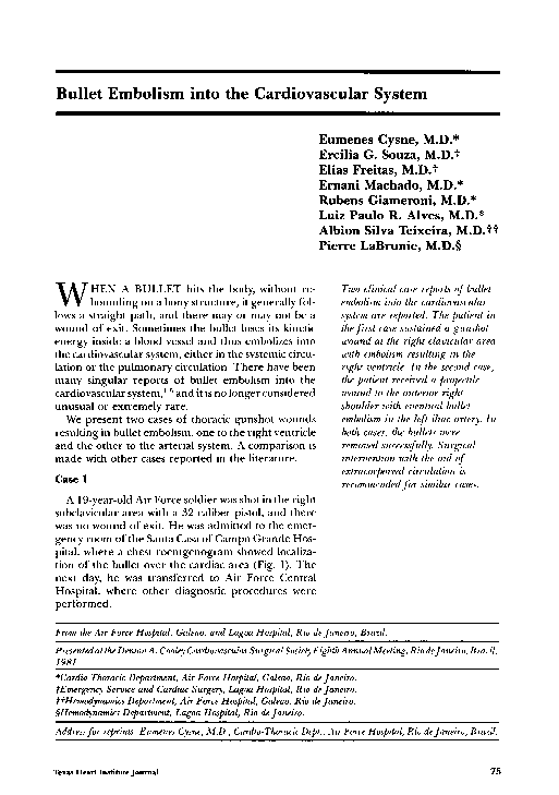 (PDF) Bullet embolism into the cardiovascular system
