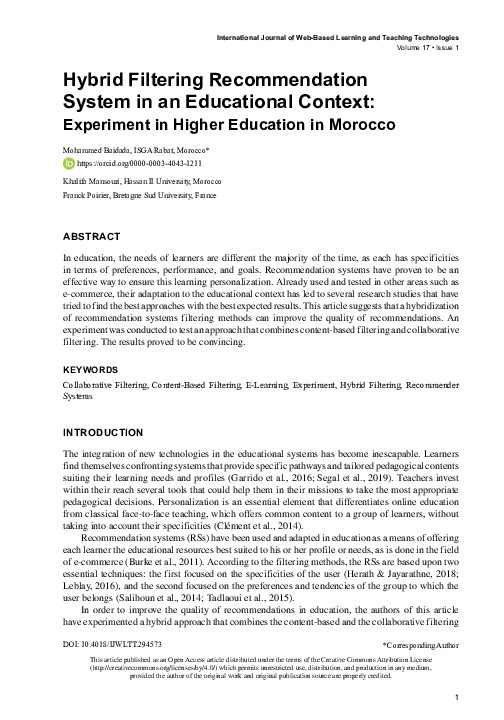 (PDF) Hybrid Filtering Recommendation System in an Educational Context