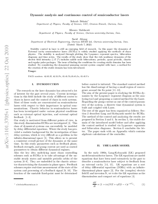 (PDF) Dynamic analysis and continuous control of semiconductor lasers