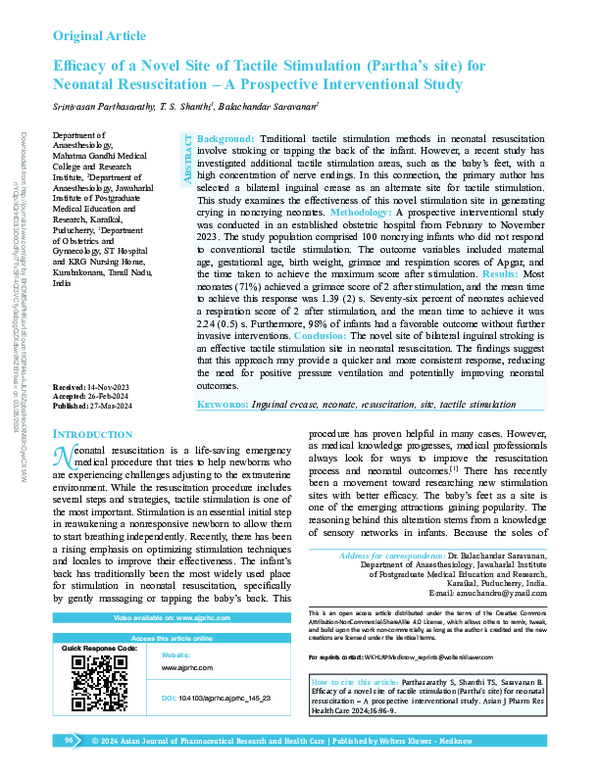 (PDF) Neonatal resuscitation efficacy of a novel site of tactile ...
