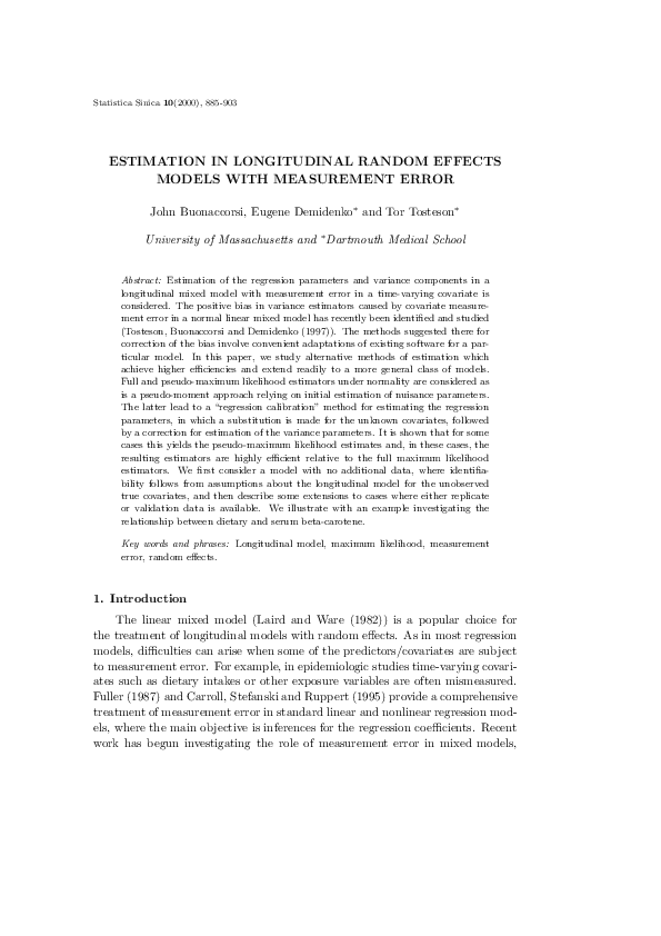 (PDF) Estimation in longitudinal random effects models with measurement error