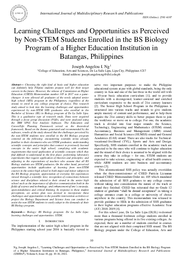(PDF) Learning Challenges and Opportunities as Perceived by Non-STEM Students Enrolled in the BS ...