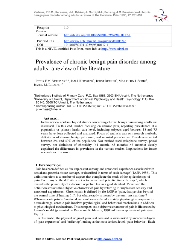 (PDF) Prevalence of chronic benign pain disorder among adults: a review ...