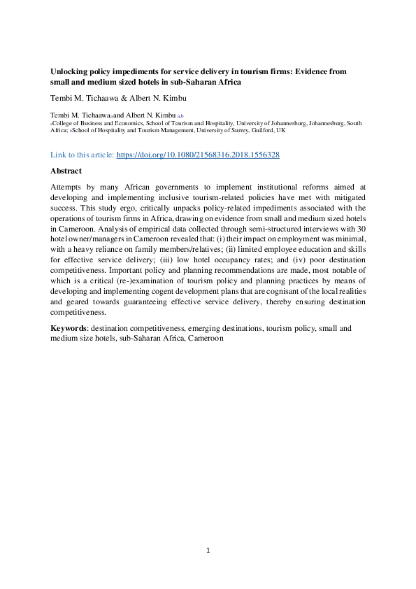 (PDF) Unlocking Policy Impediments for Service Delivery in Tourism ...
