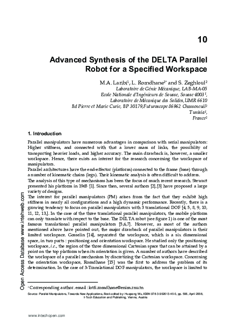 (PDF) Advanced Synthesis of the DELTA Parallel Robot for a Specified ...