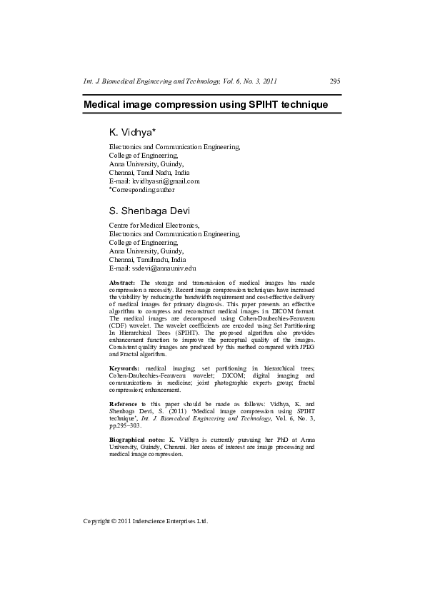 (PDF) Medical image compression using SPIHT technique