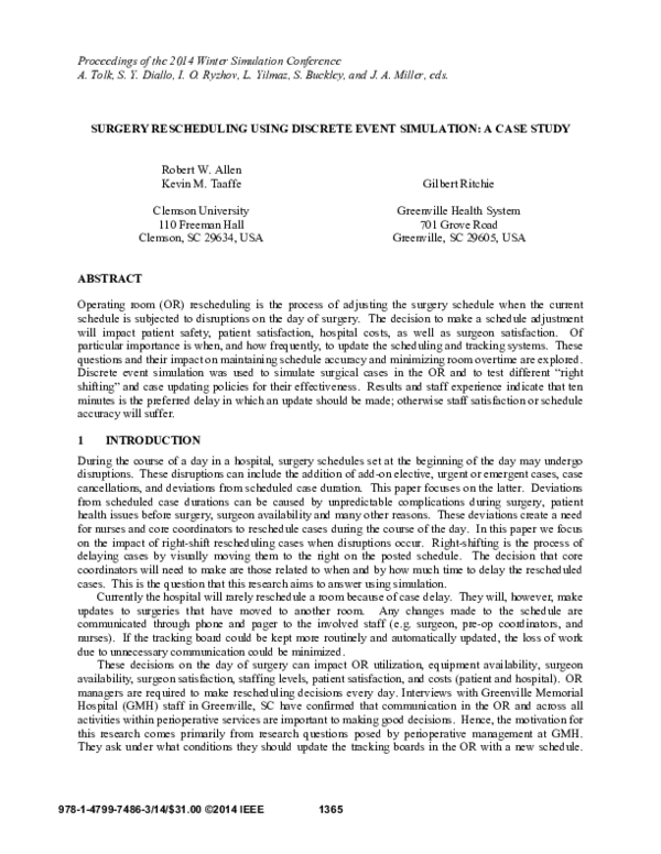 (PDF) Surgery rescheduling using discrete event simulation: a case study