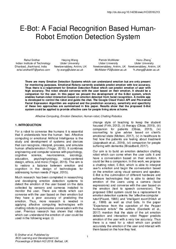 (PDF) E-Bot: A Facial Recognition Based Human-Robot Emotion Detection ...
