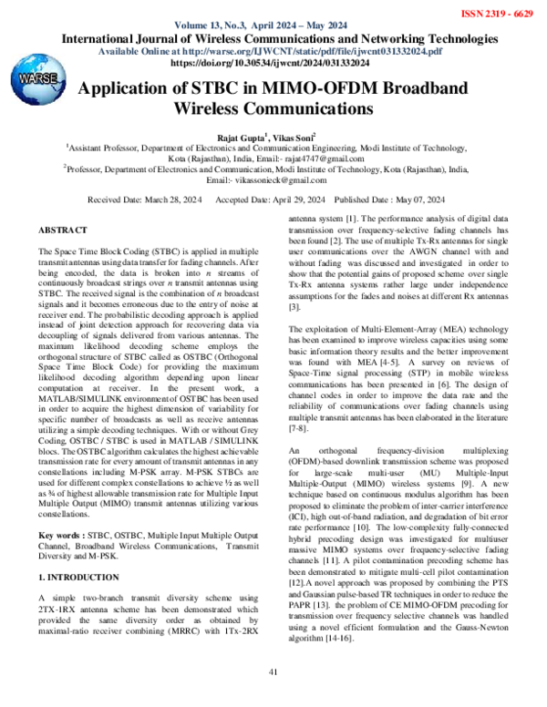 (PDF) Application of STBC in MIMO-OFDM Broadband Wireless Communications