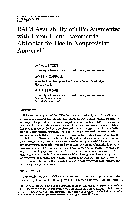 (PDF) RAIM Availability of GPS Augmented with Loran-C and Barometric ...