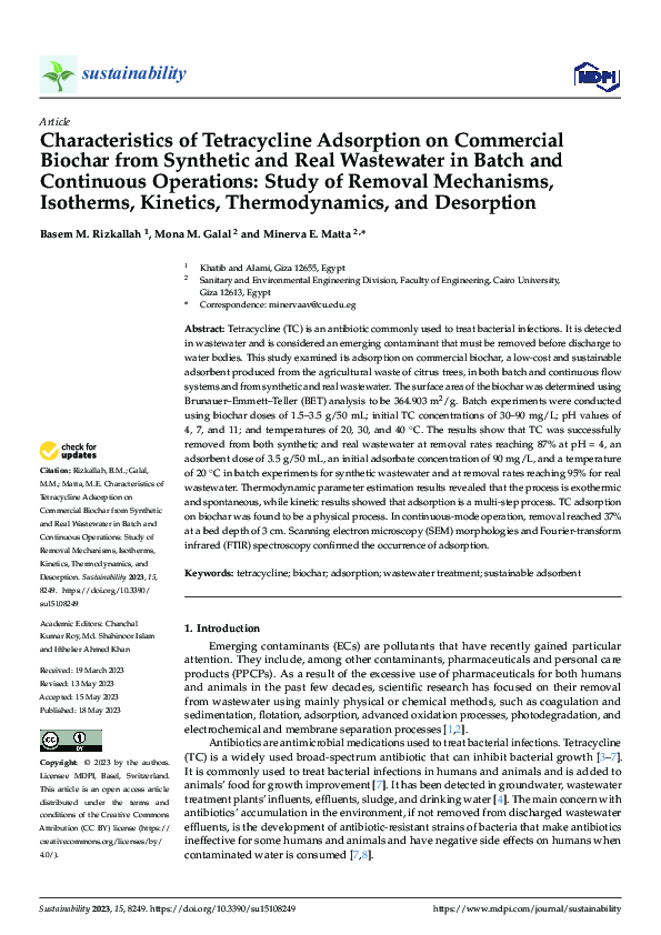 (PDF) Characteristics of Tetracycline Adsorption on Commercial Biochar from Synthetic and Real ...