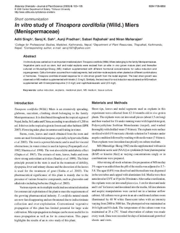 (PDF) In vitro study of Tinospora cordifolia (Willd.) Miers (Menispermaceae)