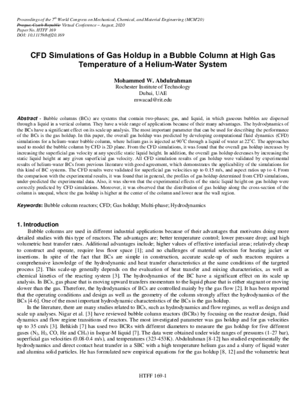 (PDF) CFD Simulations of Gas Holdup in a Bubble Column at High Gas Temperature of a Helium-Water ...