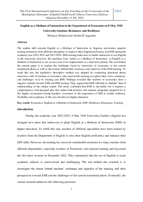 (PDF) English as a Medium of Instruction in the Department of Economics ...