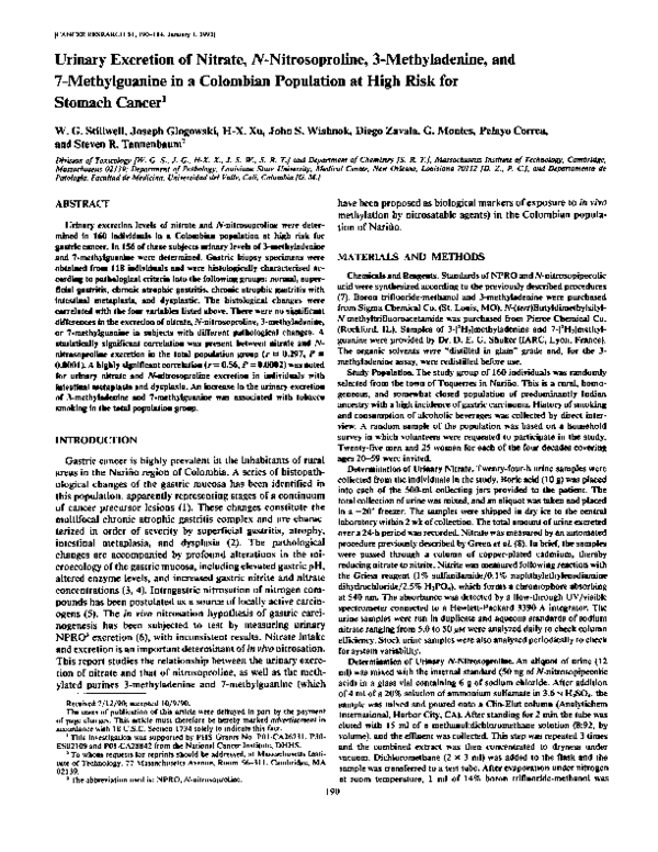 (PDF) Urinary excretion of nitrate, N-nitrosoproline, 3-methyladenine ...