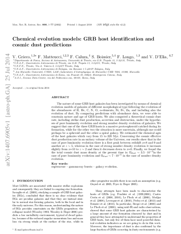 (PDF) Chemical evolution models: GRB host identification and cosmic dust predictions