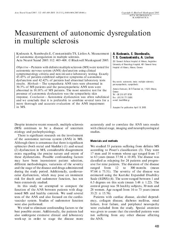 (PDF) Measurement of autonomic dysregulation in multiple sclerosis