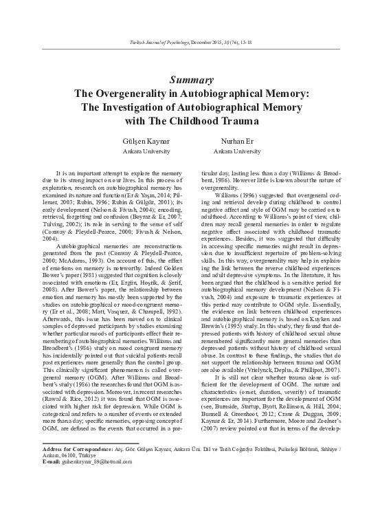 (PDF) The Overgenerality in Autobiographical Memory: The Investigation ...