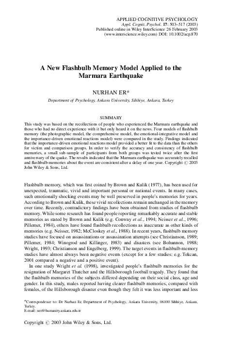 (PDF) A new flashbulb memory model applied to the Marmara earthquake