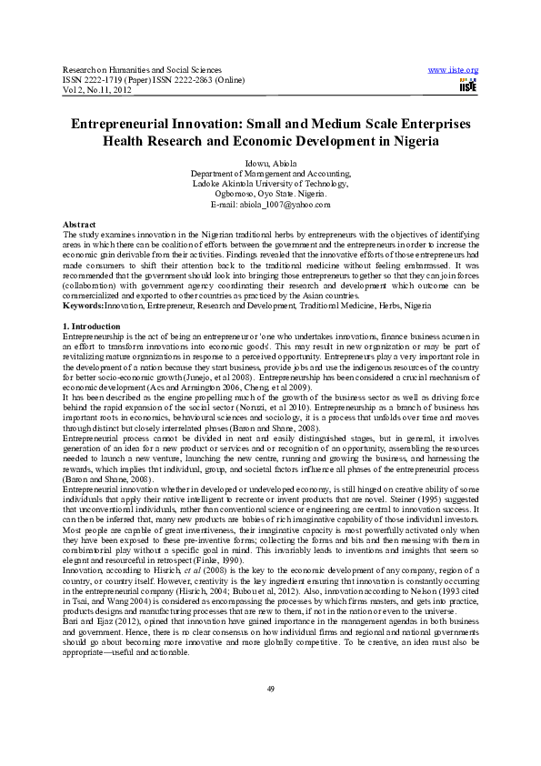 (PDF) Entrepreneurial Innovation: Small and Medium Scale Enterprises Health Research and ...