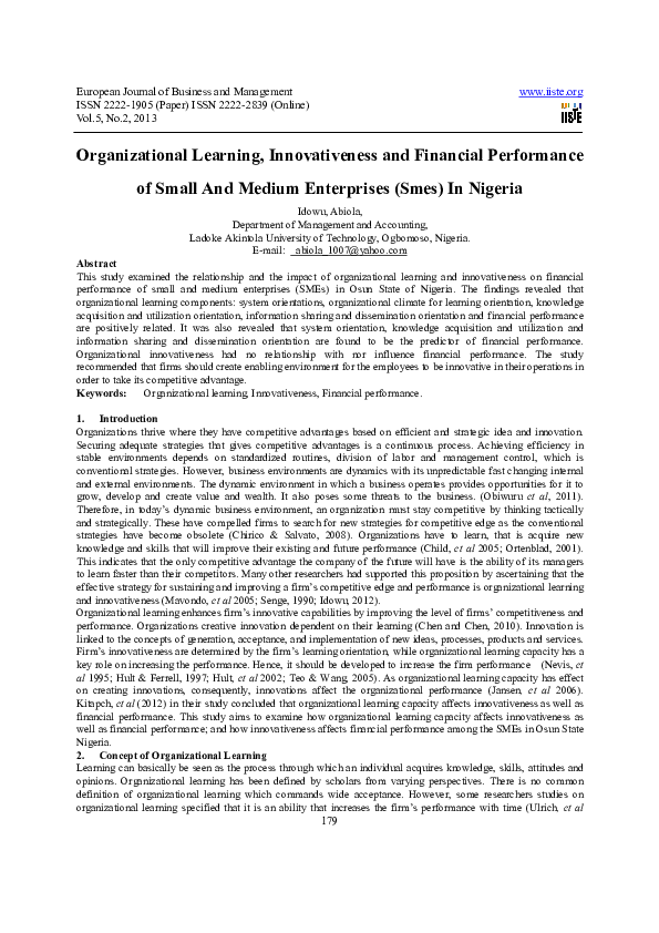 (PDF) Organizational Learning, Innovativeness and Financial Performance of Small And Medium ...