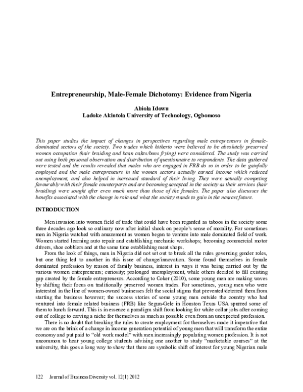 (PDF) Entrepreneurship, Male-Female Dichotomy: Evidence from Nigeria