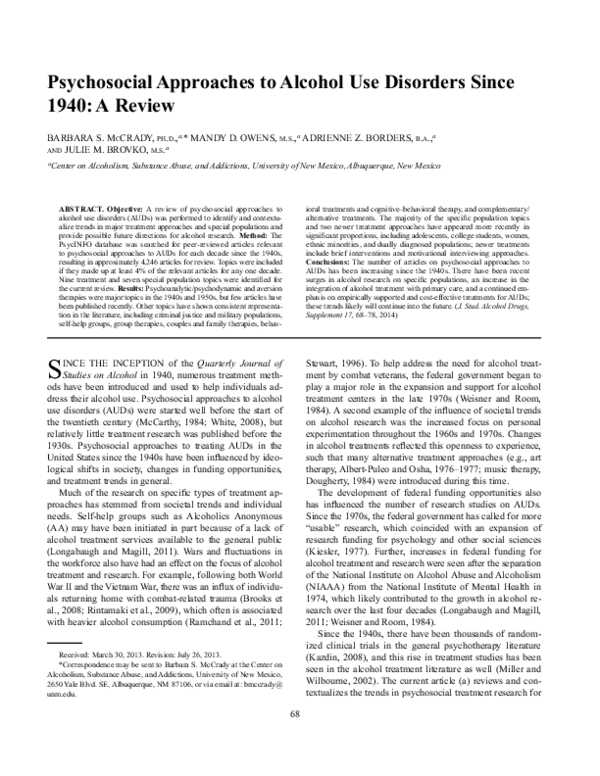 (PDF) Psychosocial Approaches to Alcohol Use Disorders Since 1940: A Review