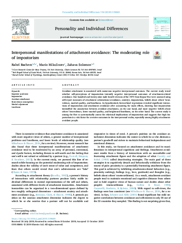 (PDF) Interpersonal manifestations of attachment avoidance: The ...