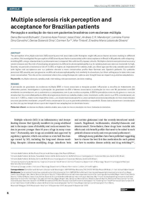 (PDF) Multiple sclerosis risk perception and acceptance for Brazilian patients