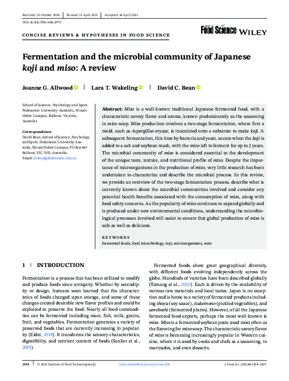 (PDF) Fermentation and the microbial community of Japanese koji and miso: A review