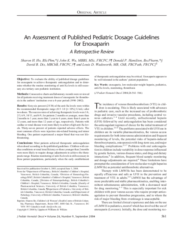 (PDF) An Assessment of Published Pediatric Dosage Guidelines for Enoxaparin