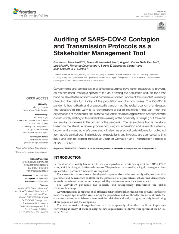 (PDF) Auditing of SARS-COV-2 Contagion and Transmission Protocols as a Stakeholder Management Tool