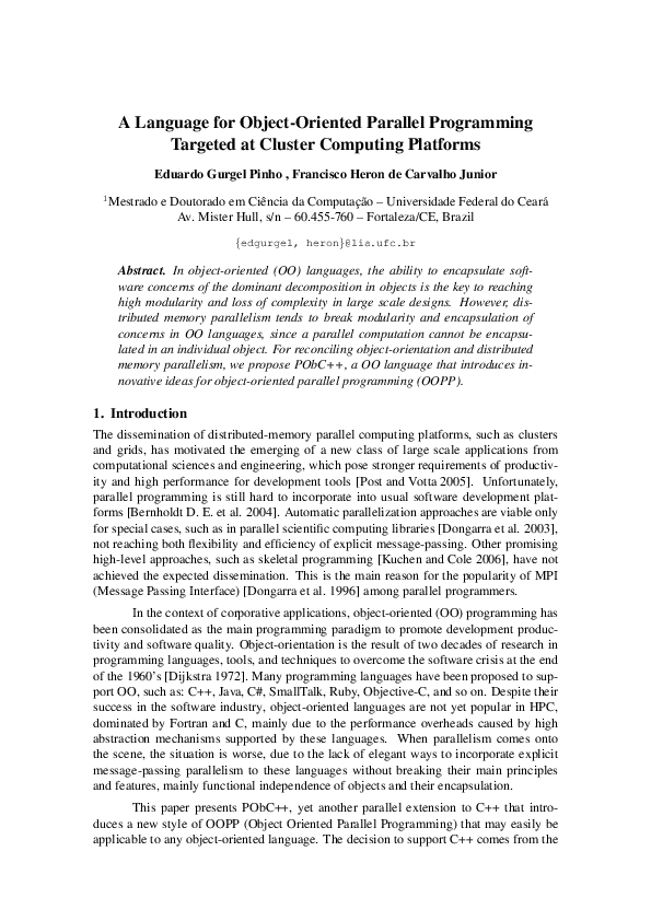 (PDF) A Language for Object-Oriented Parallel Programming Targeted at Cluster Computing Platforms