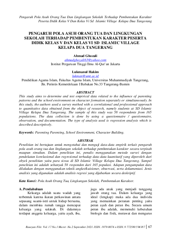 (PDF) Pengaruh Pola Asuh Orang Tua Dan Lingkungan Sekolah Terhadap Pembentukan Karakter Peserta ...