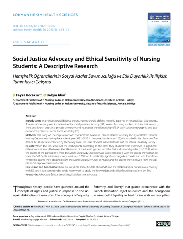 (PDF) Social Justice Advocacy and Ethical Sensitivity of Nursing Students: A Descriptive Research