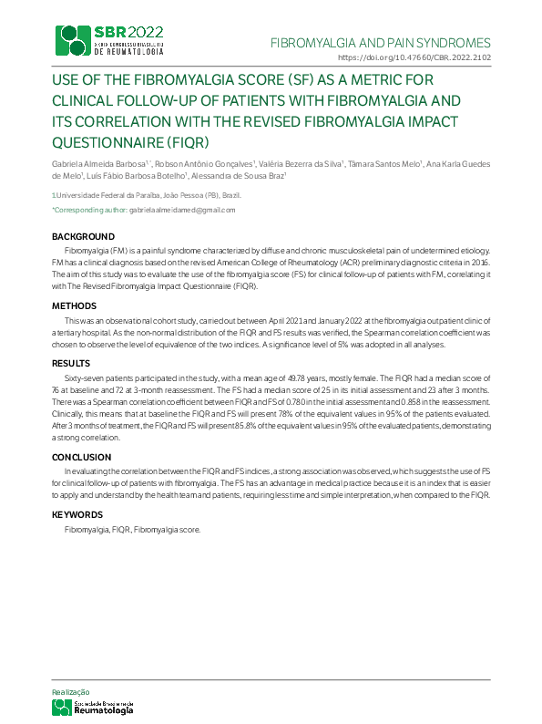 (PDF) Use of the Fibromyalgia Score (SF) as a Metric for Clinical ...