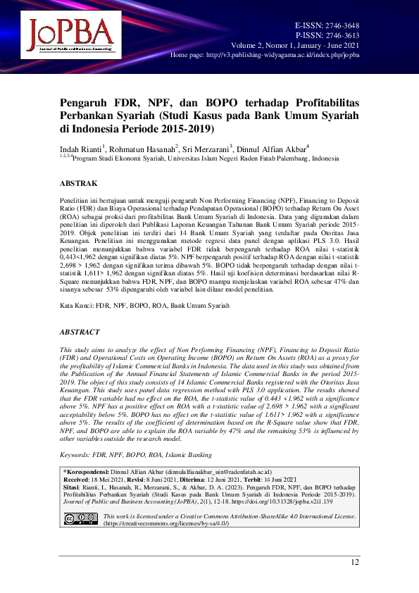 (PDF) Pengaruh FDR, NPF, Dan Bopo Terhadap Profitabilitas Perbankan Syariah