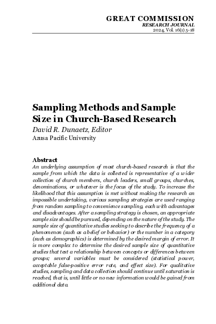 (PDF) Sampling Methods and Sample Size in Church-Based Research