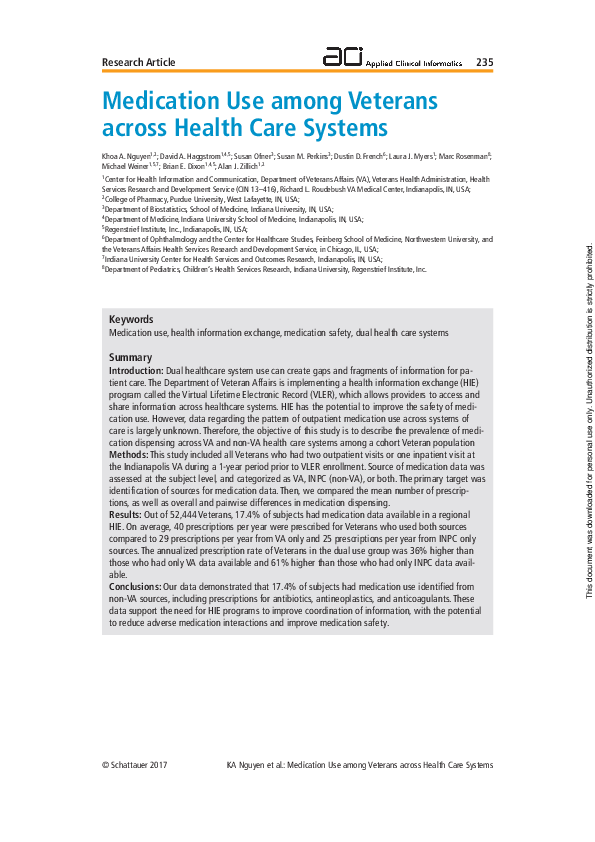 (PDF) Medication Use among Veterans across Health Care Systems | Khoa ...