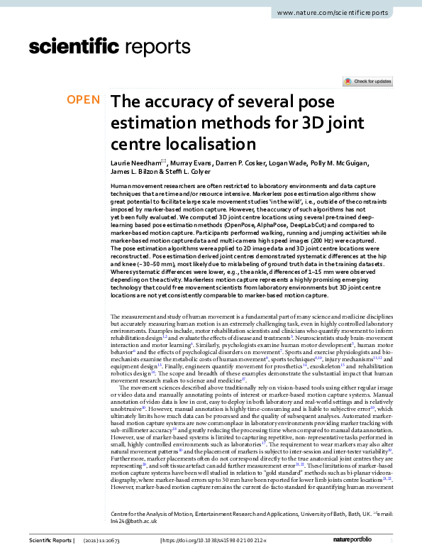(PDF) The accuracy of several pose estimation methods for 3D joint centre localisation | James L ...