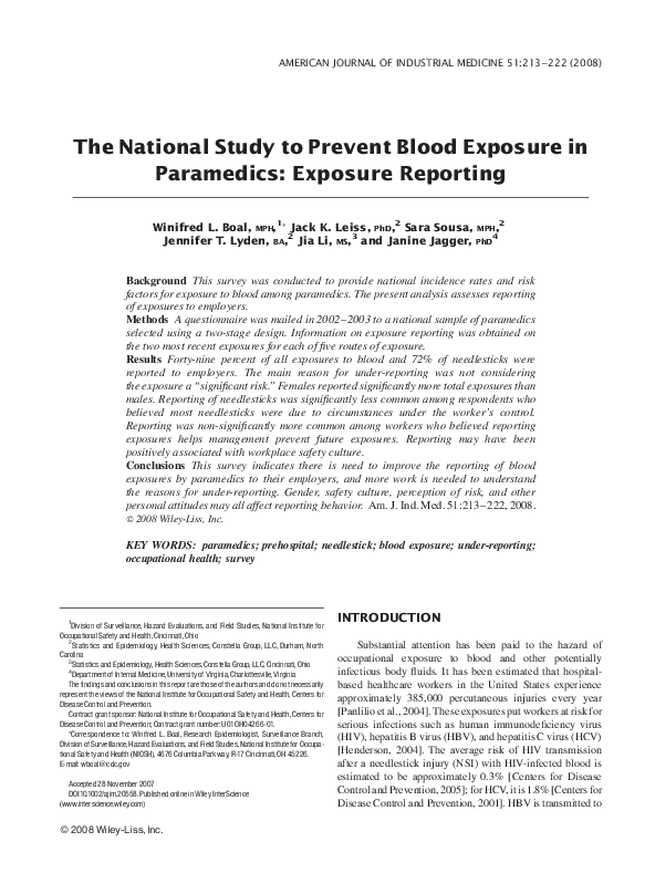 (PDF) The national study to prevent blood exposure in paramedics ...
